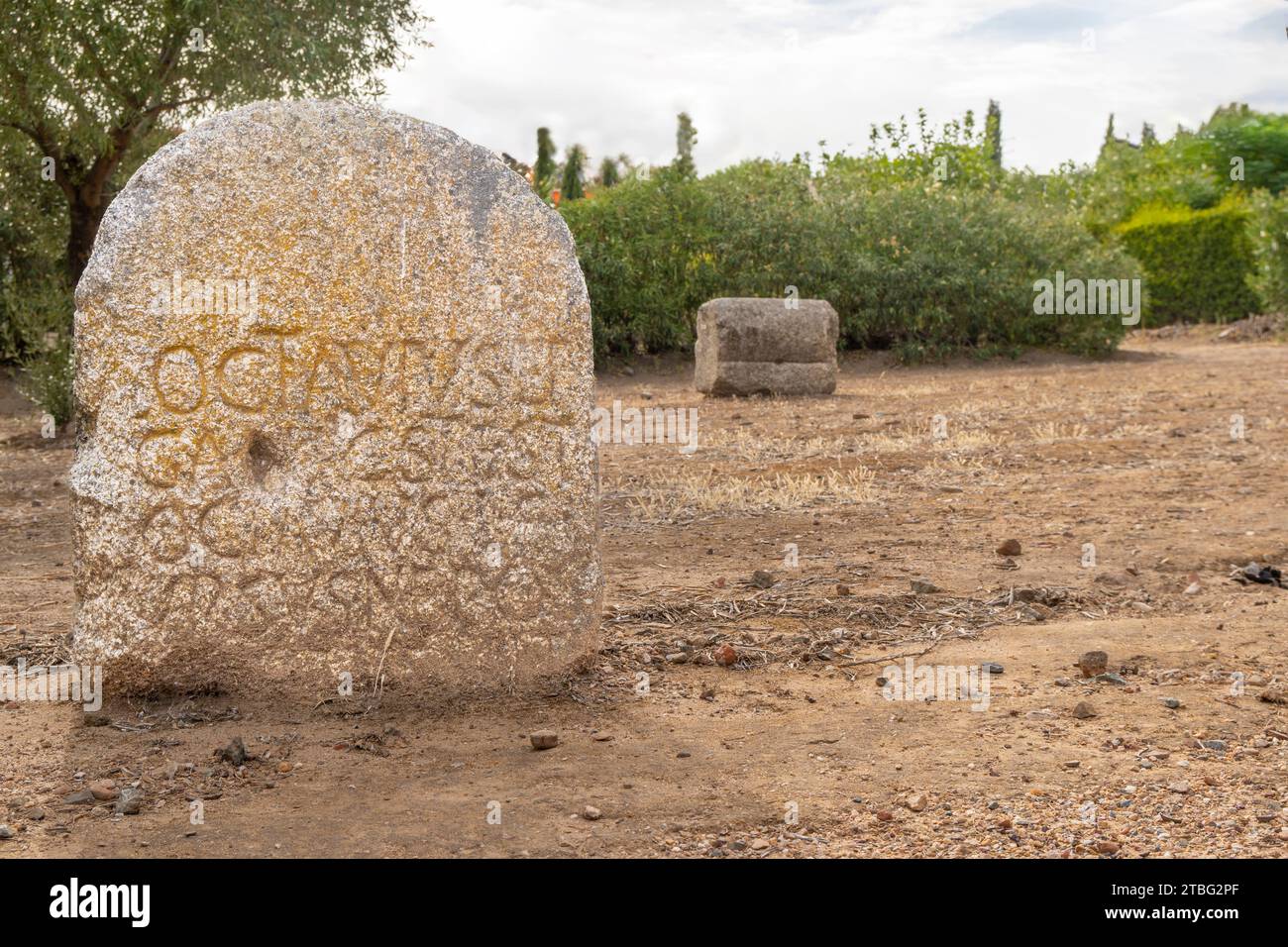 Archaeological remains of a sunlit stone Roman tombstone funerary ...