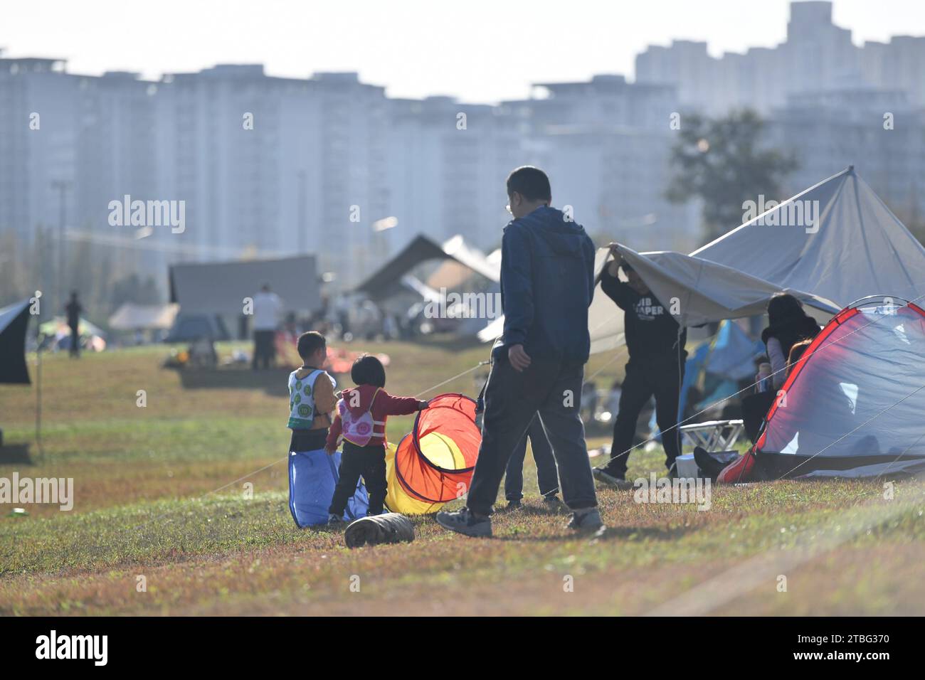People go camp in tents at weekends in Chengdu City, southwest China's ...