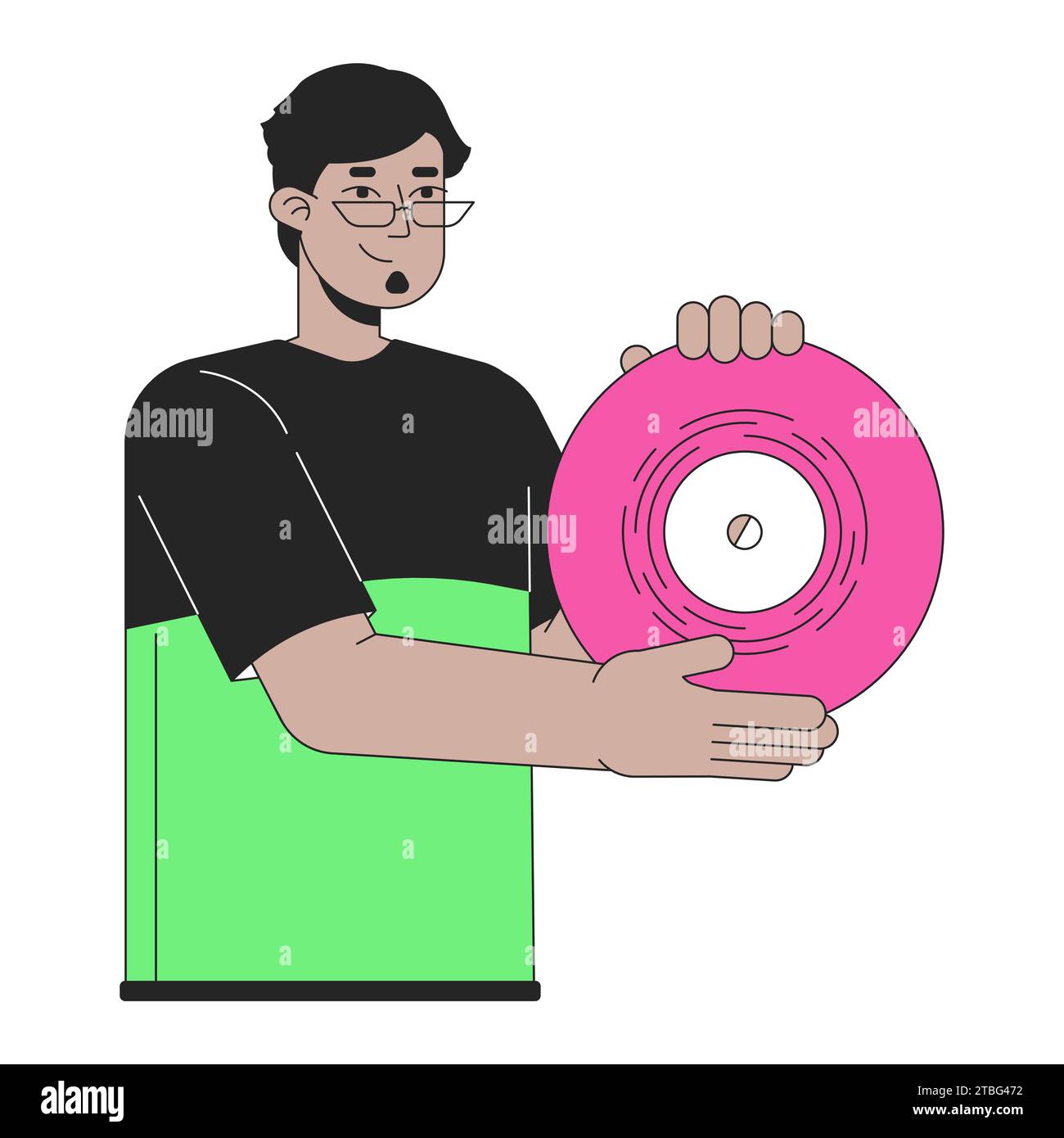 Happy arab man presenting vinyl record 2D linear cartoon character ...