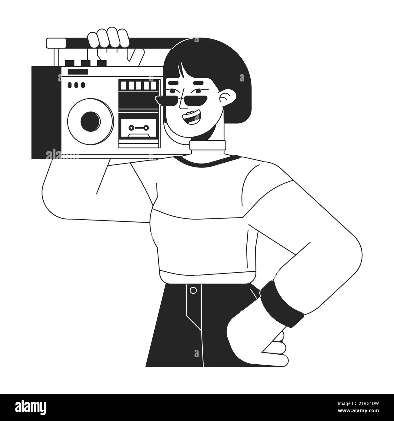 Cool asian girl carrying boombox on shoulder black and white 2D line ...