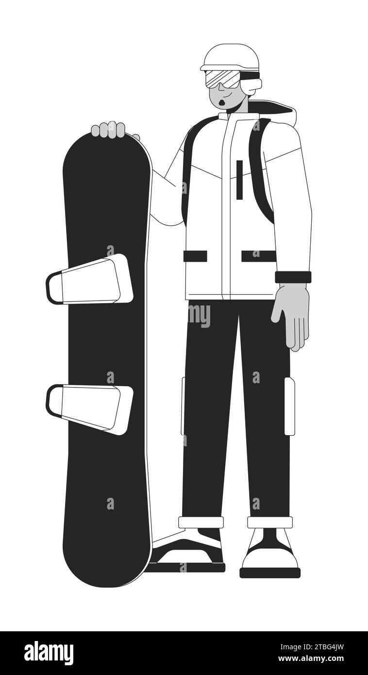 Standing snowboarder with helmet black and white 2D line cartoon ...