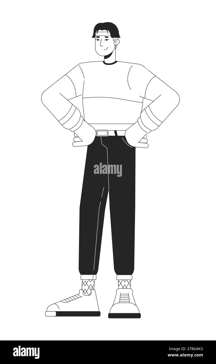 Confident hands on hips korean guy black and white 2D line cartoon ...