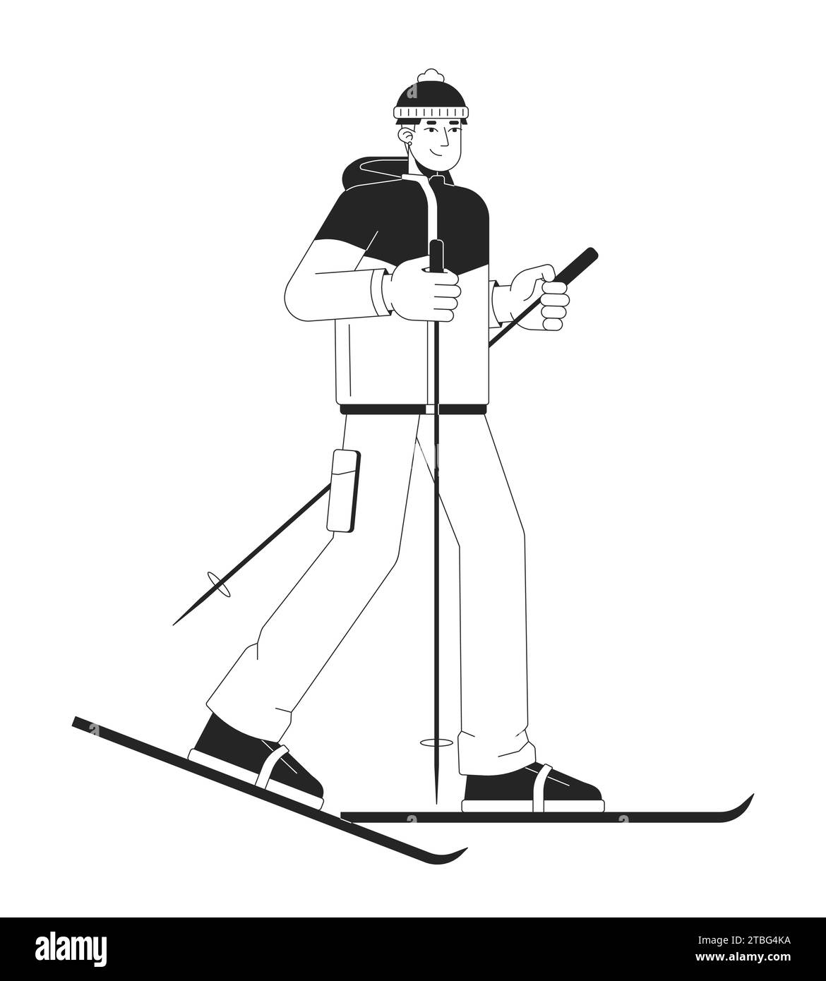 Asian young adult man skier using ski poles black and white 2D line ...