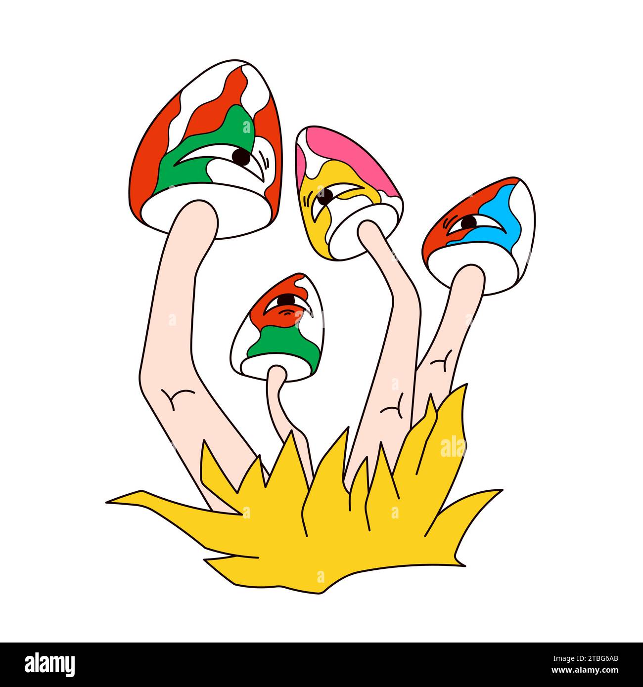 Psychedelic mushrooms in grass groovy style. Cartoon art for logo ...