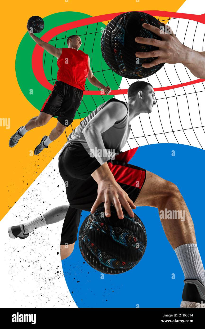 Slam dunk. Young athletic man, basketball playing in motion, jumping ...