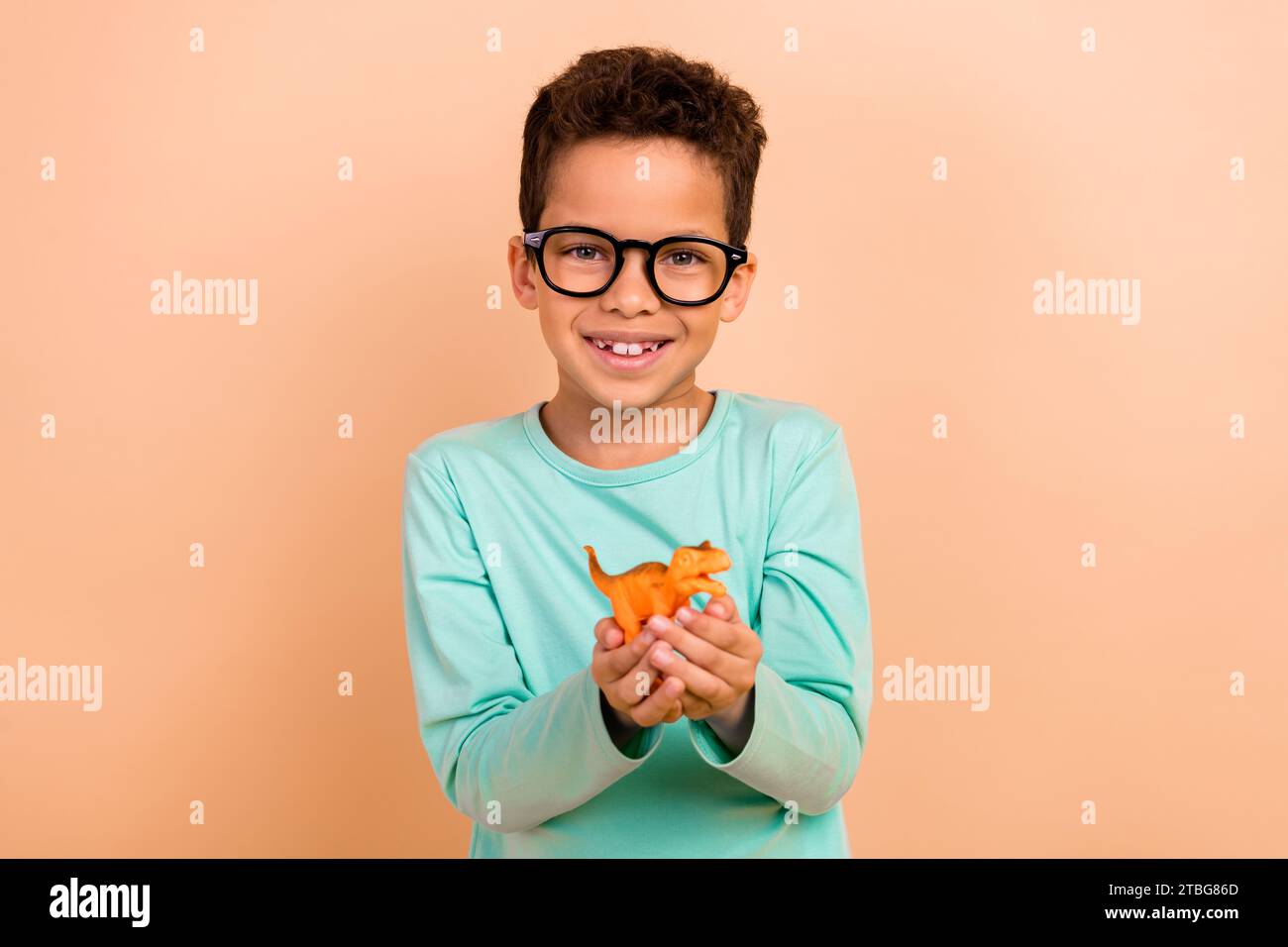Photo of charming cheerful boy hands showing toy dino learning history ...