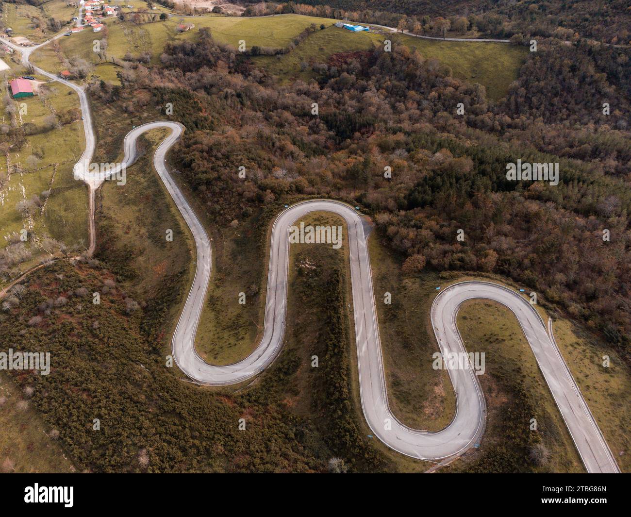Aerial view of the road to the El Soplao cave, in Cantabria, Spain ...