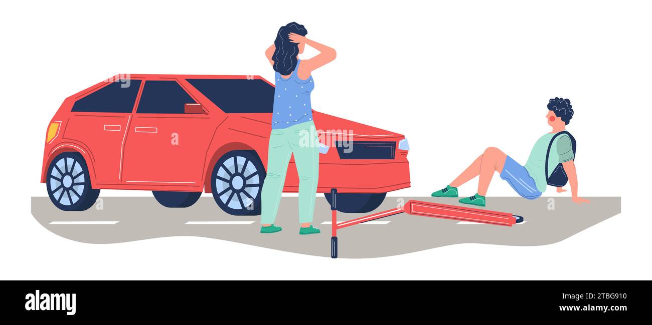 Woman car driver hitting boy electric kick scooter rider Stock Vector ...