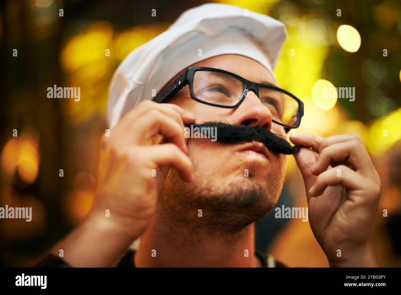 Man, chef and mustache at outdoor festival in fashion or style with ...