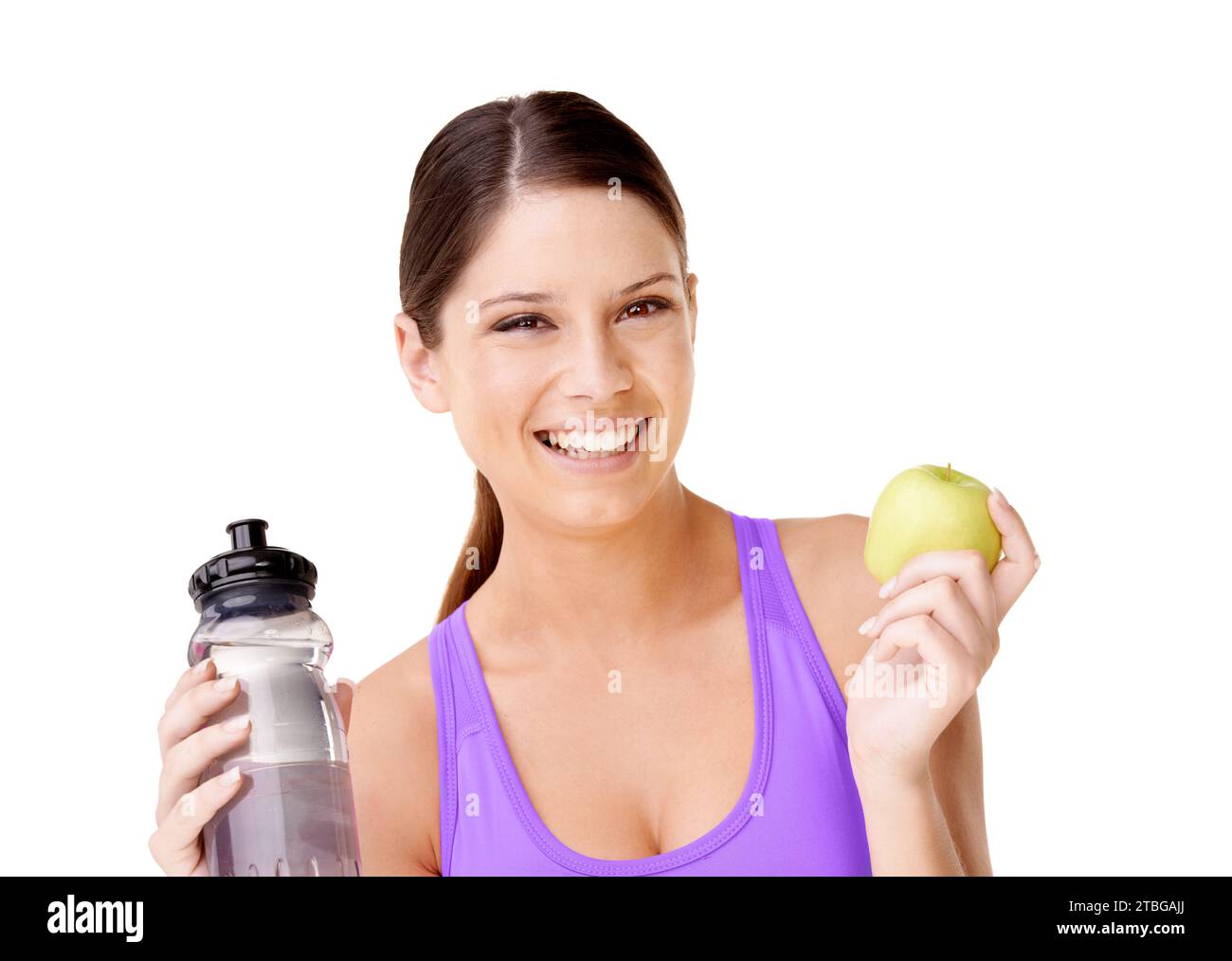 Woman, apple and water bottle in happy portrait for healthy food ...