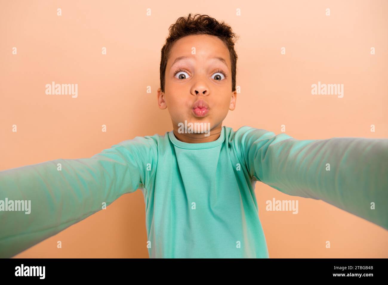 Photo of small funky person take selfie recording video pouted lips ...