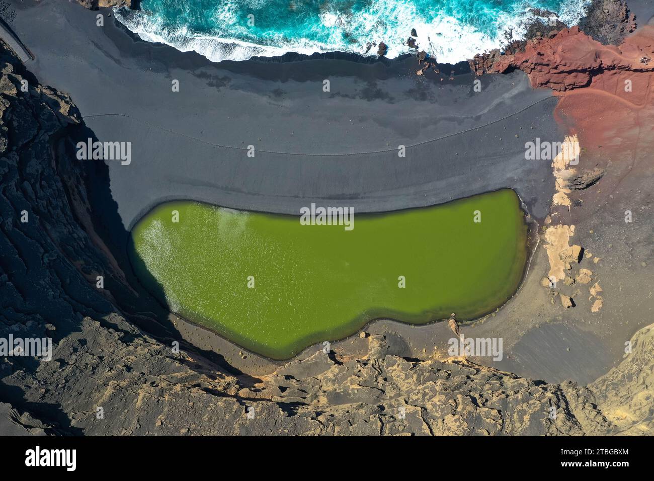 Aerial view of El Lago Verde. Green lagoon with Atlantic ocean sea and ...