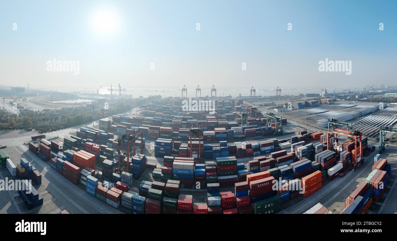 Aerial photo shows the busy container terminal at Yangzhou Port in ...