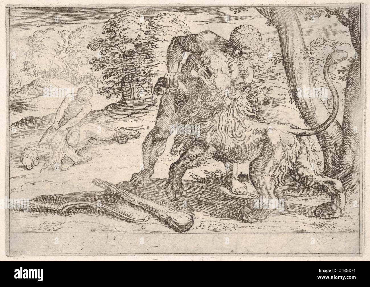 Hercules and the Nemean Lion: Hercules grasps the front right leg of ...