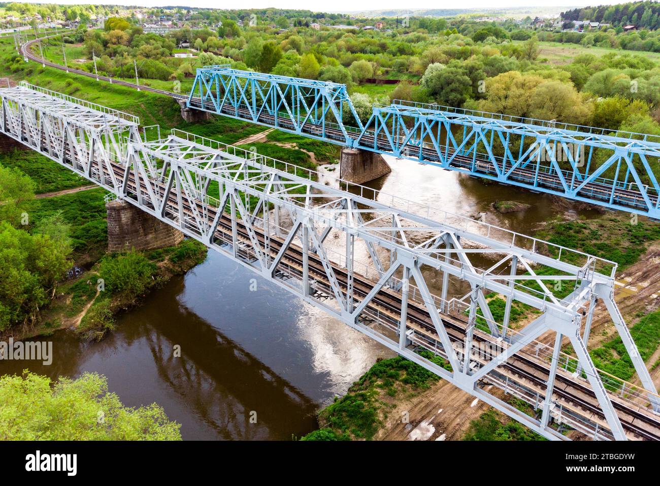 Aerial photo of two old metal railway bridges over the river Stock ...