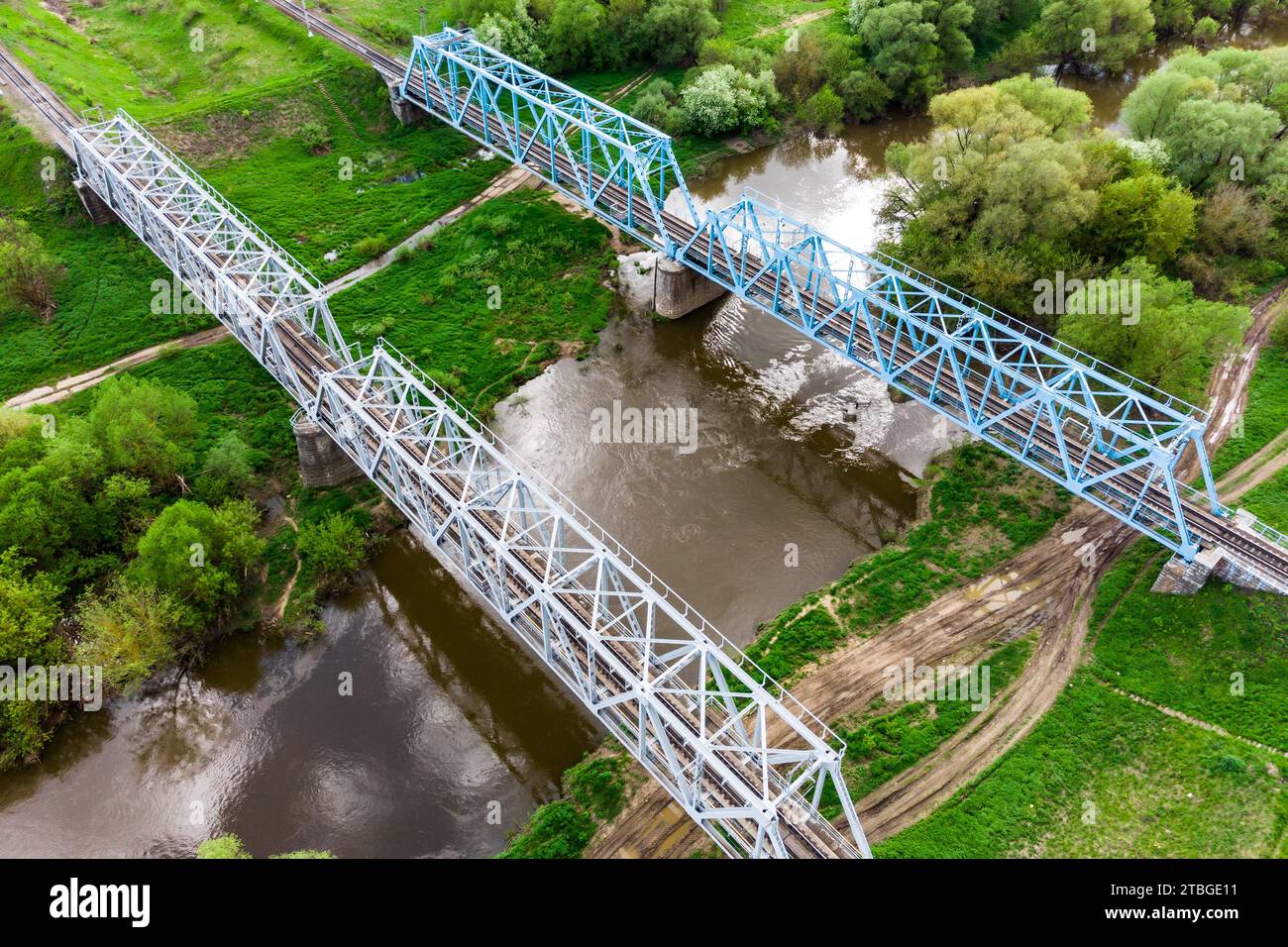 Aerial photo of two old metal railway bridges over the river Stock ...
