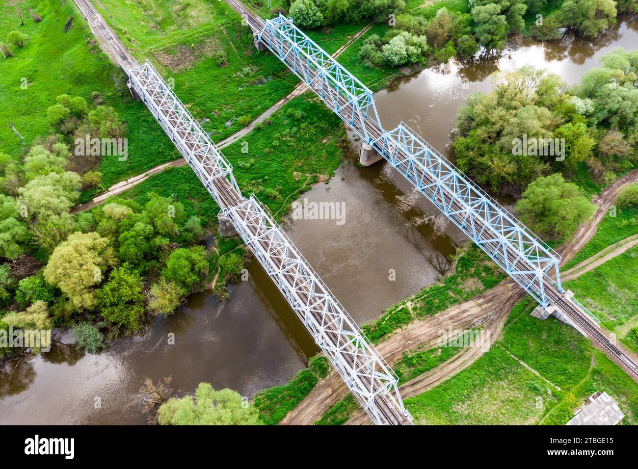 Aerial photo of two old metal railway bridges over the river Stock ...
