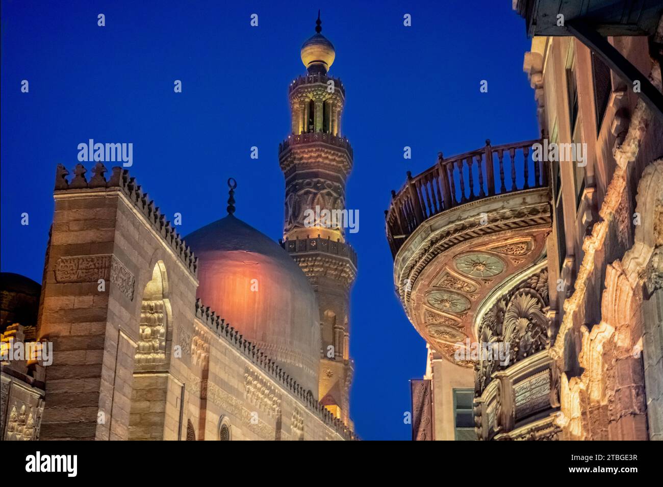 Night view of Barquq's complex and Madrasa in the environment of al-Mu ...