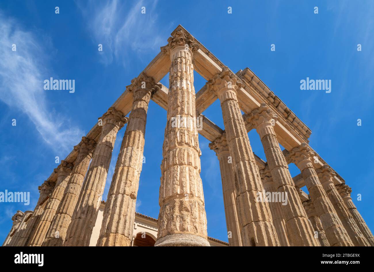 View from below with pyramidal perspective of the Roman temple of Diana ...