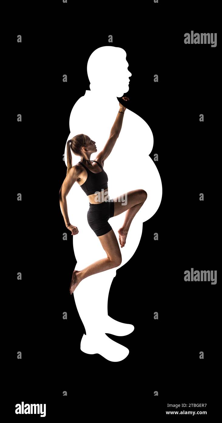 Young girl with strong. slim, fit body climbing out of silhouette of ...