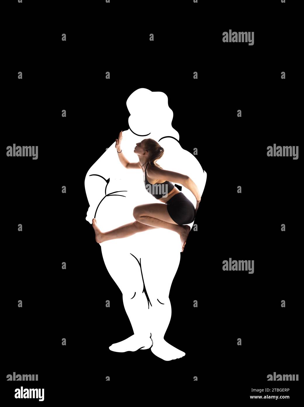 Young girl with strong. slim, fit body getting out of silhouette of fat ...