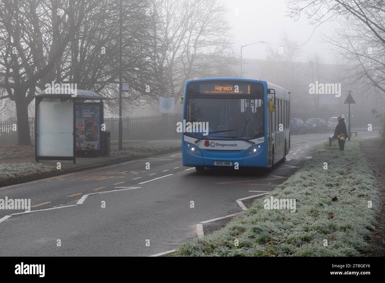 Stagecoach bus in foggy winter weather, Woodloes Park estate, Warwick ...