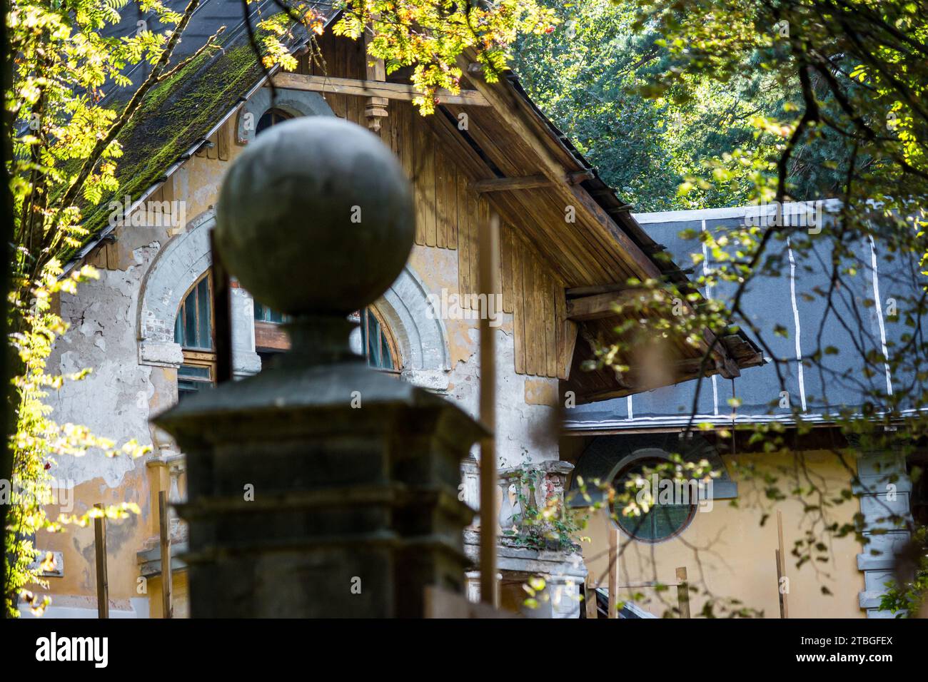 An entourage view of the facade of an old mansion hidden by foliage and ...
