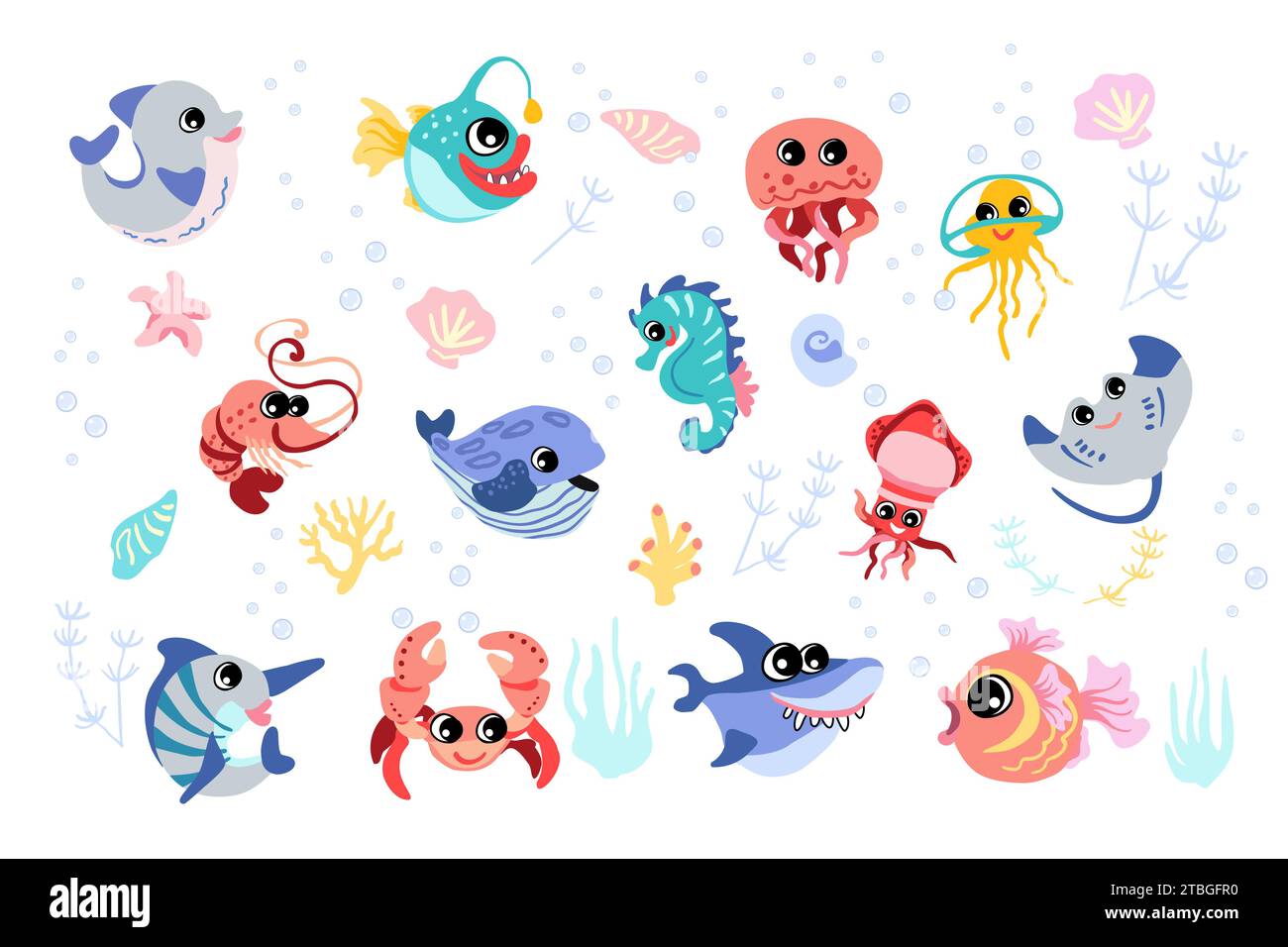 Set with hand drawn marine life elements. Vector doodle cartoon set of ...