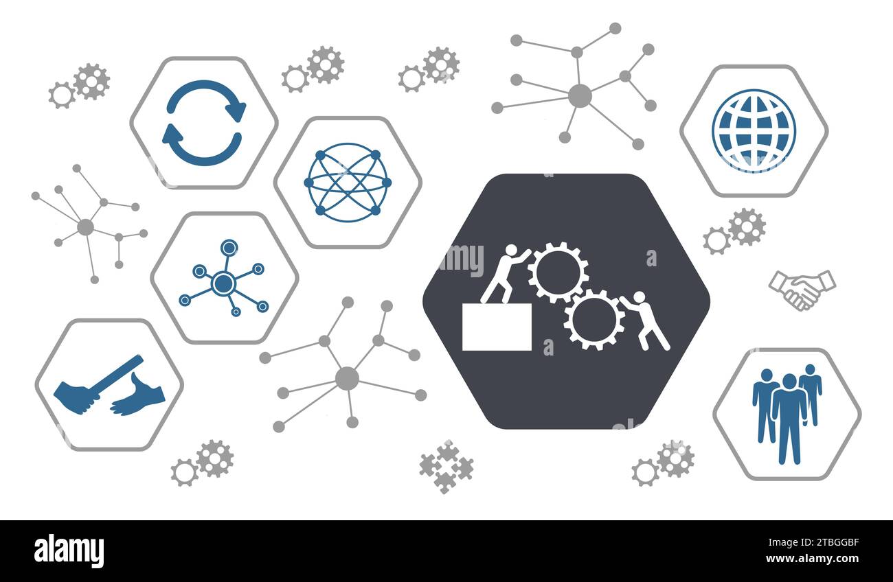 Concept of teamwork with icons in hexagons Stock Photo - Alamy