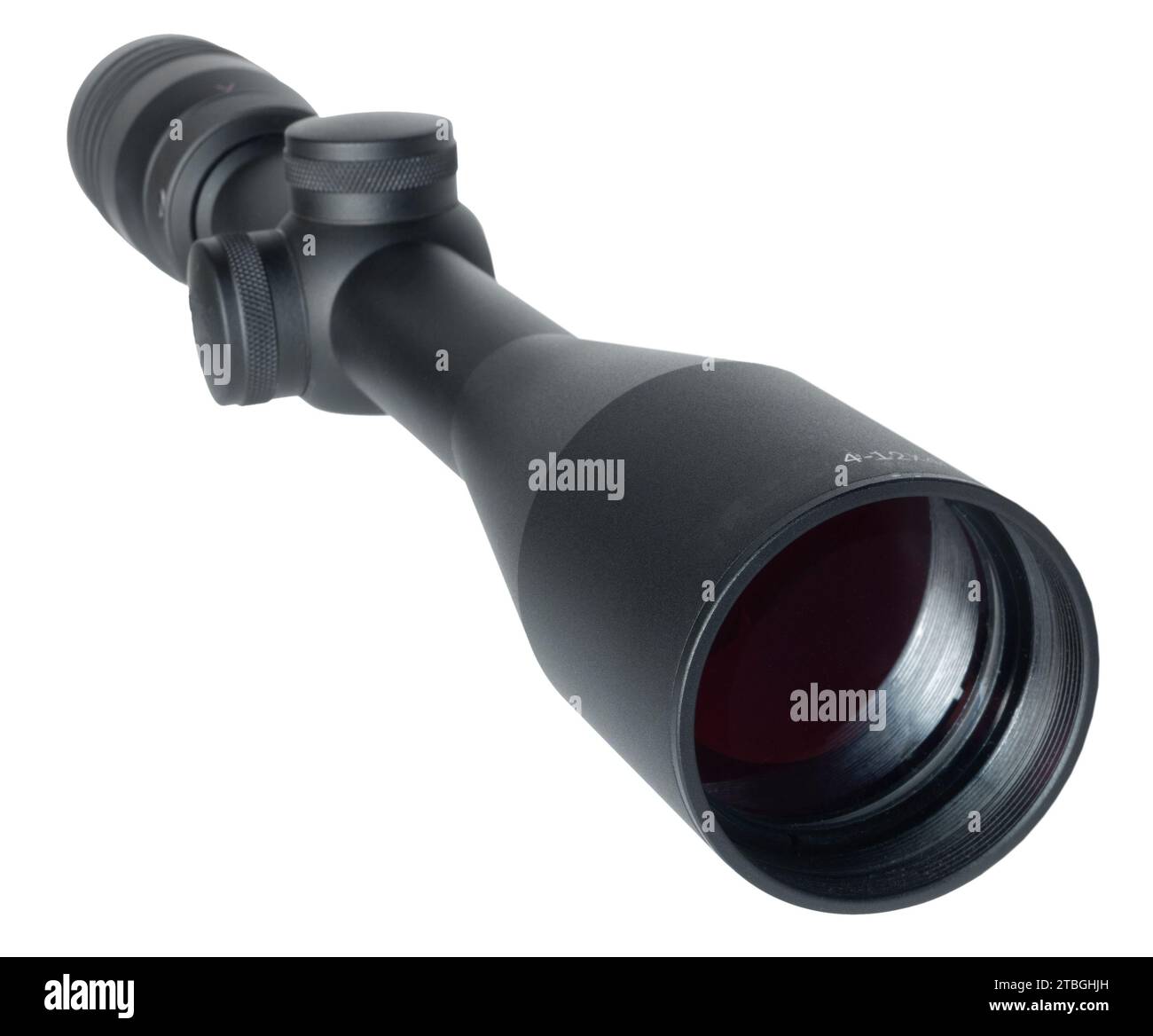 Objective lens on a 4 to 12 magnification rifle scope seen from a ...