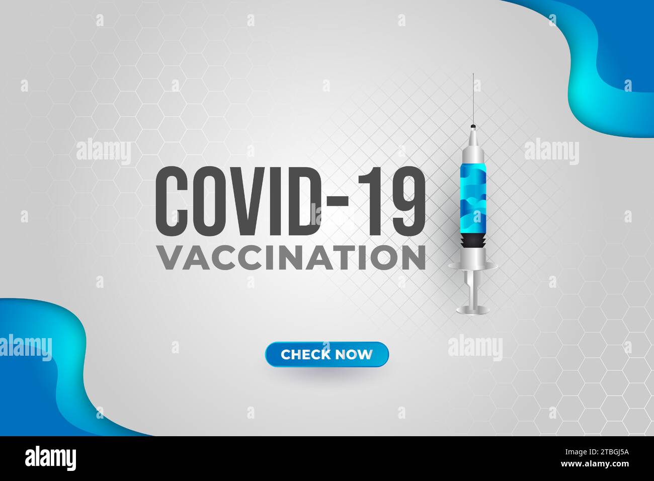 Syringe injection and blue corona virus vaccine on blue and white ...