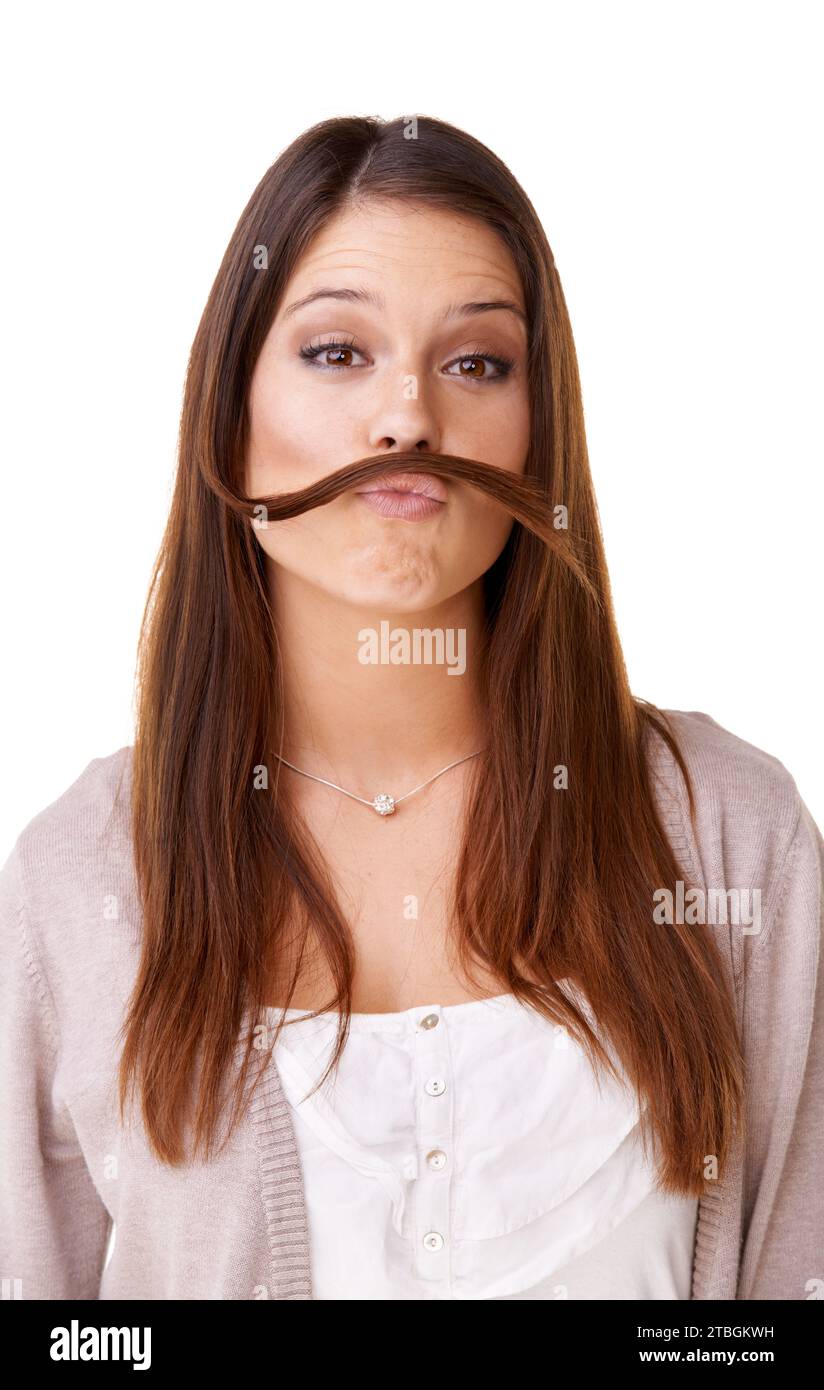 Funny, woman and portrait with hair as a mustache in studio, white ...