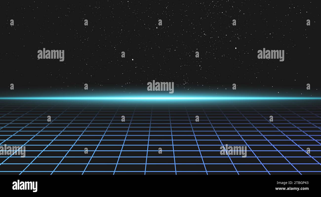 Synthwave landscape with grid, ray of light on the horizon and stars in ...