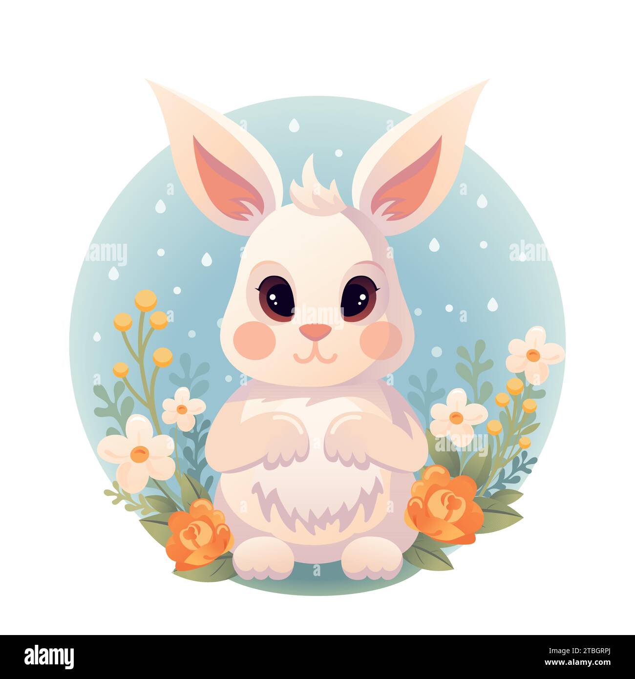 Cute Easter bunny in cartoon style. Meadow flowers, rain. Childrens ...