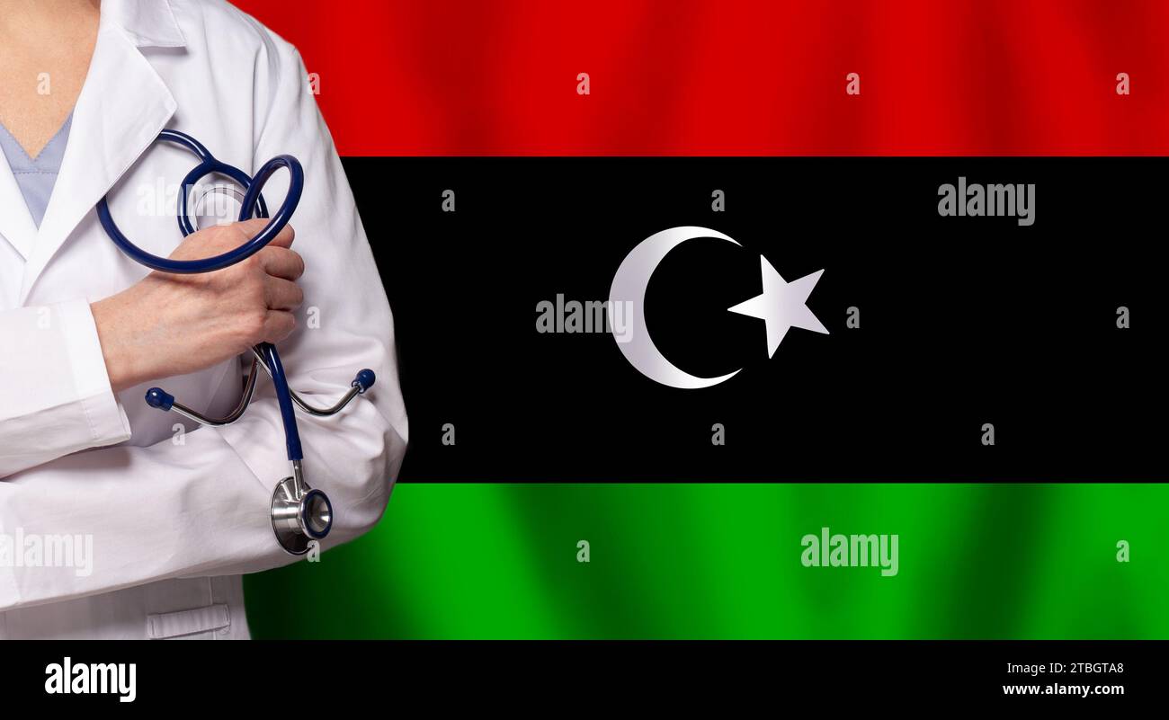 Libyan medicine and healthcare concept. Doctor close up against flag of ...