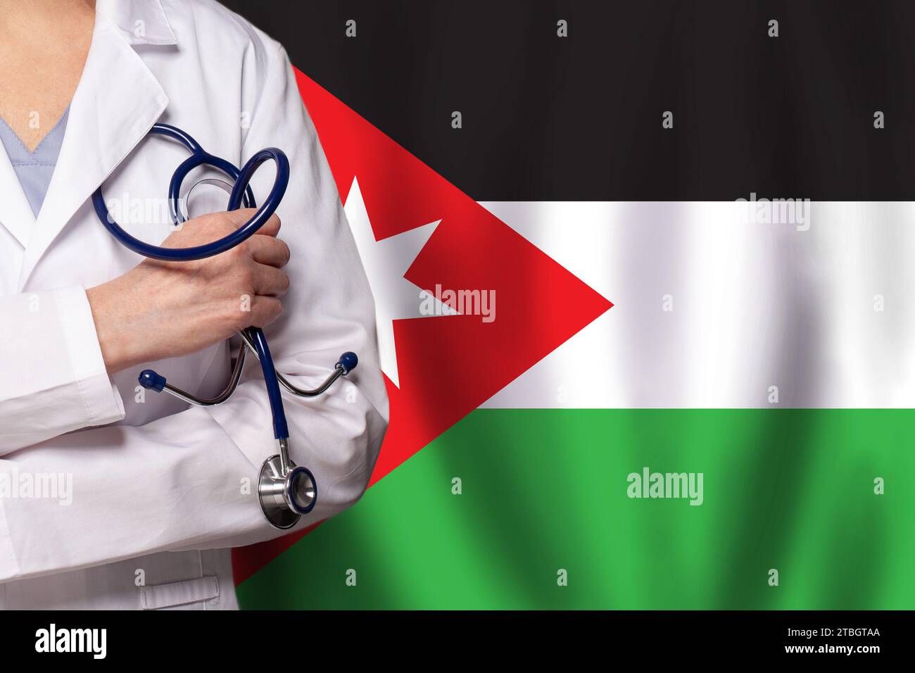 Jordan medicine and healthcare concept. Doctor close up against flag of ...