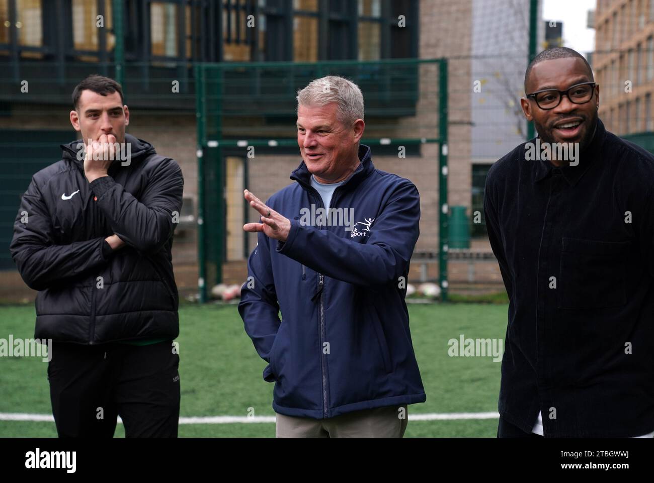 Coach Dominic McGeekie, sports minister Stuart Andrew, and former ...