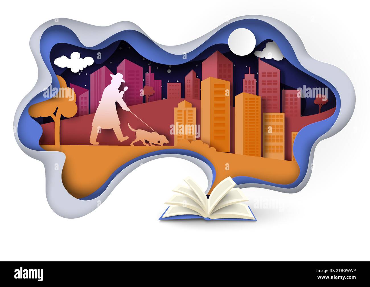 Detective book papercut design with investigator and dog Stock Vector ...