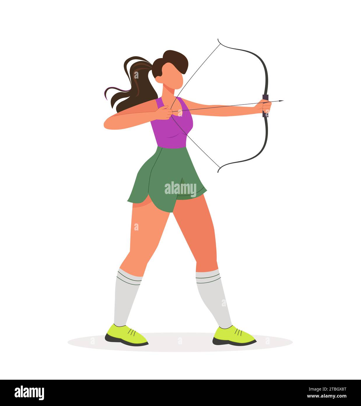 Female archer with bow and arrow aiming at bullseye and ready to shoot. Archery leisure activity ...