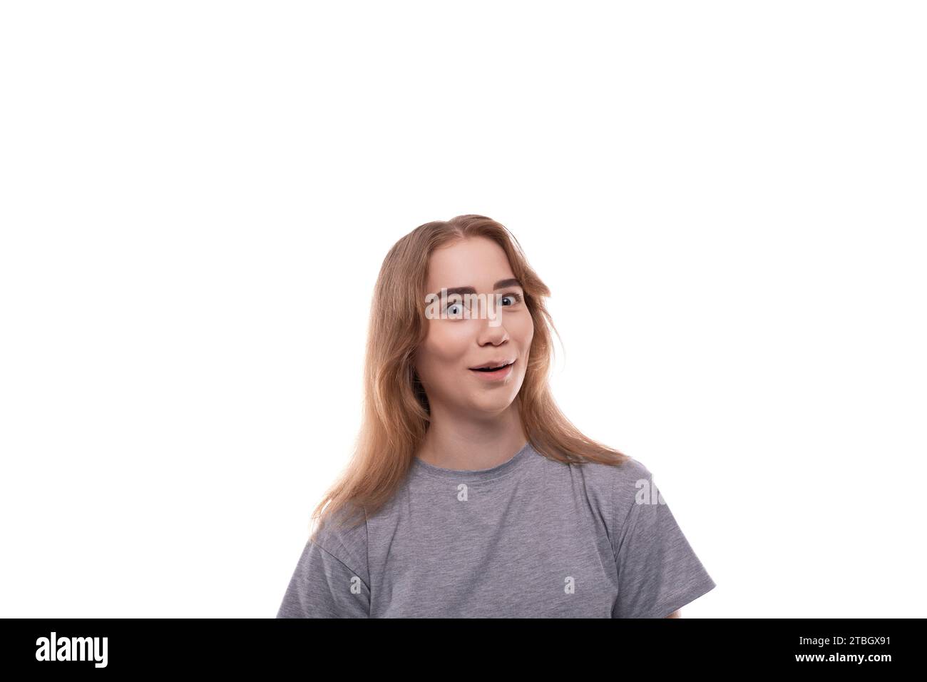 Headshot portrait of laughing teenage girl in gray t-shirt Stock Photo ... Headshot portrait of laughing teenage girl in gray t-shirt Stock Photo ...