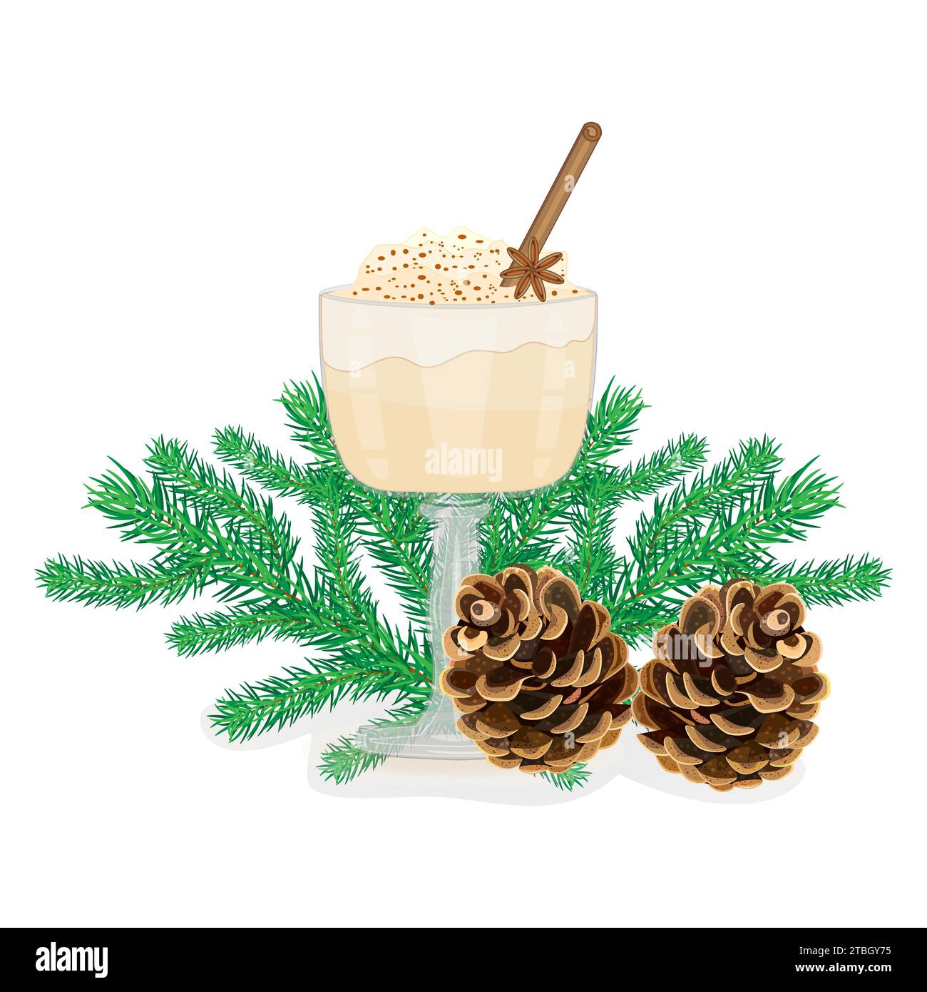 Eggnog, fir cone and twig. Winter drink and christmas tree. Pine branch ...
