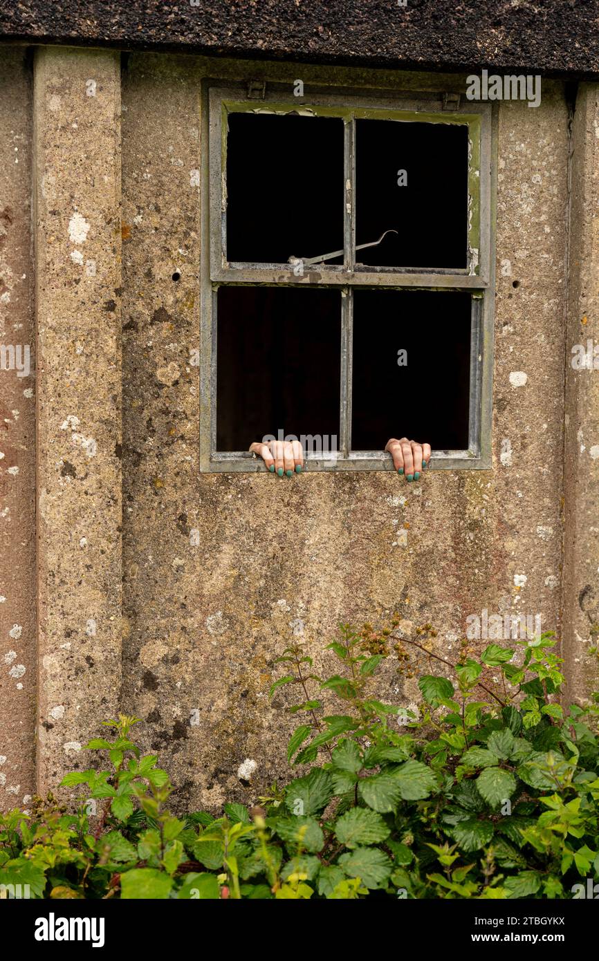 hands at the window of a derelict building at sourton, devon, uk Stock ...
