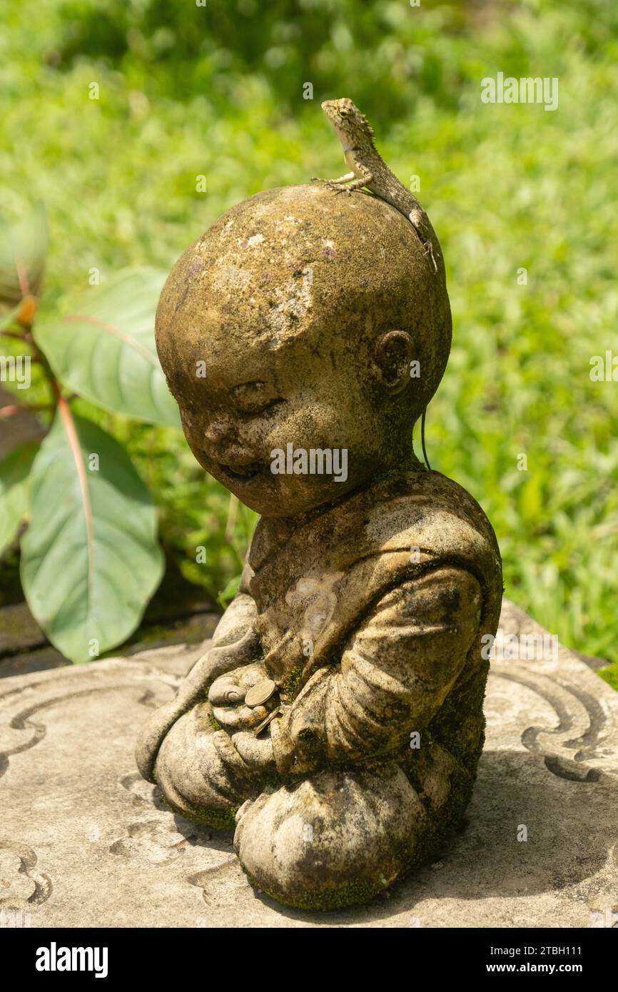 Closeup of a cute laughing baby monk statue with a lizard on its head ...