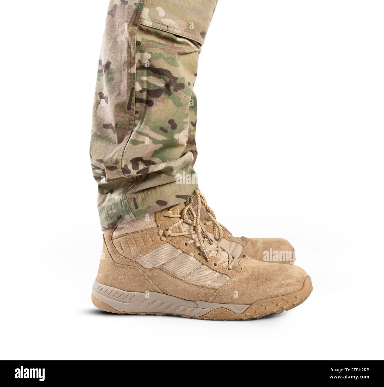 Soldier in military boots on a white background close-up. Army boots ...
