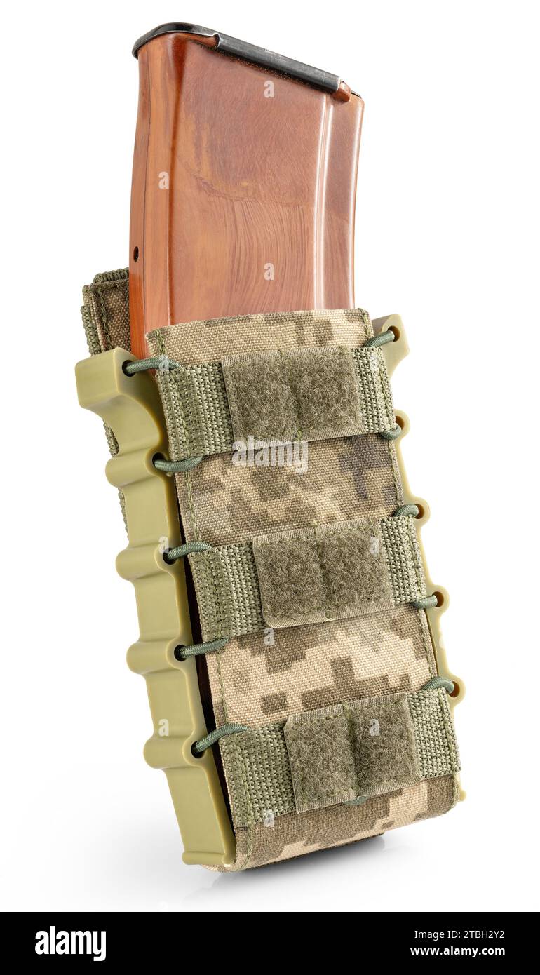 Military pouch in pixel camouflage with bullet magazine inside on white ...