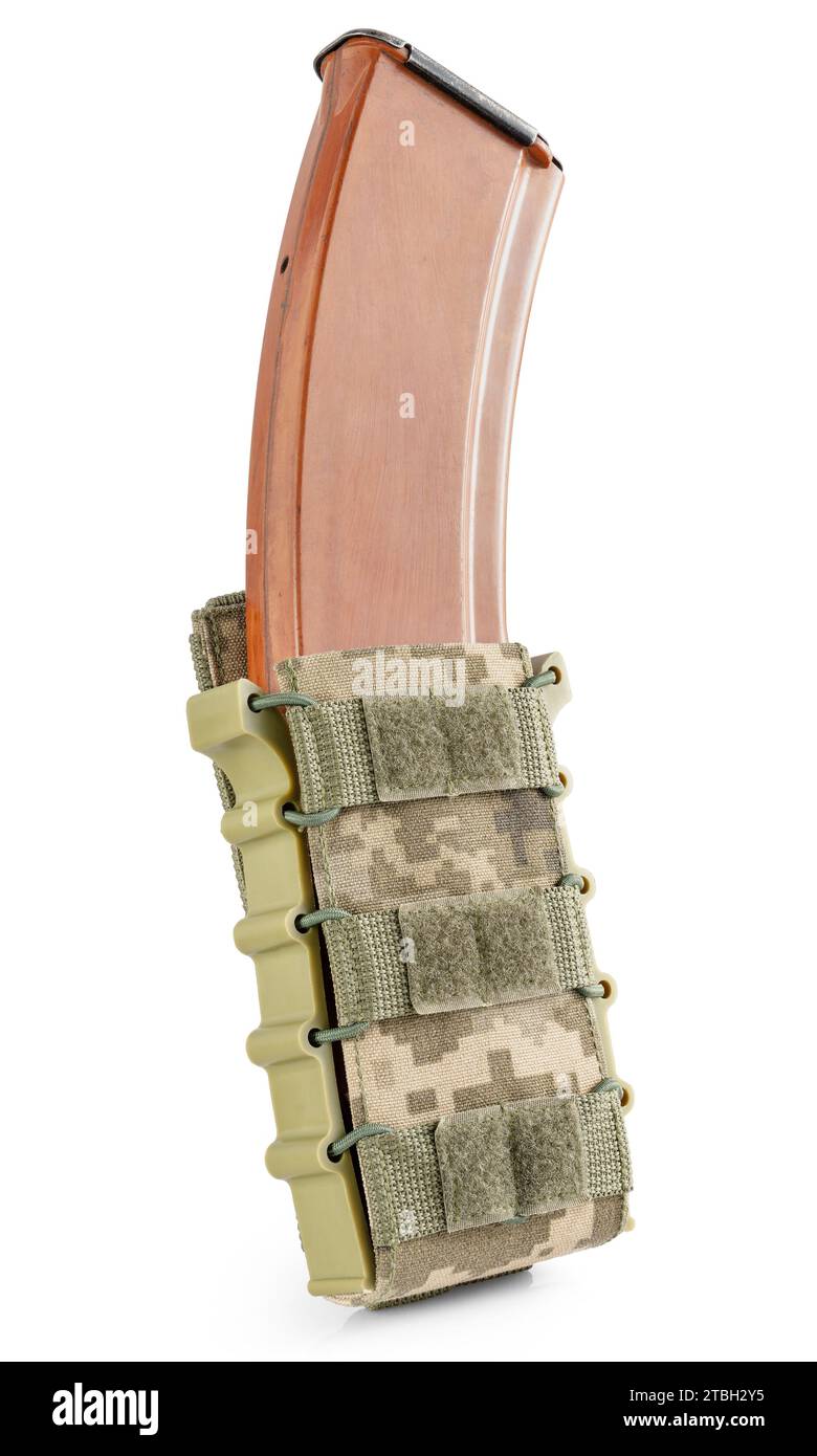 Military pouch in pixel camouflage with bullet magazine inside on white ...