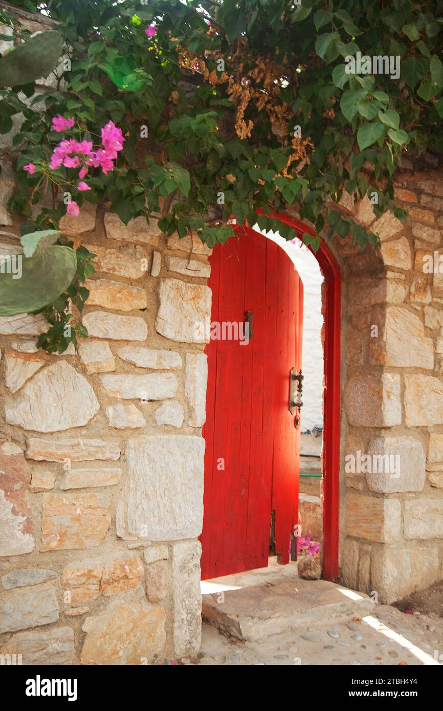 Wooden door of a traditional stone house at Old Datca-Eski Datca town ...