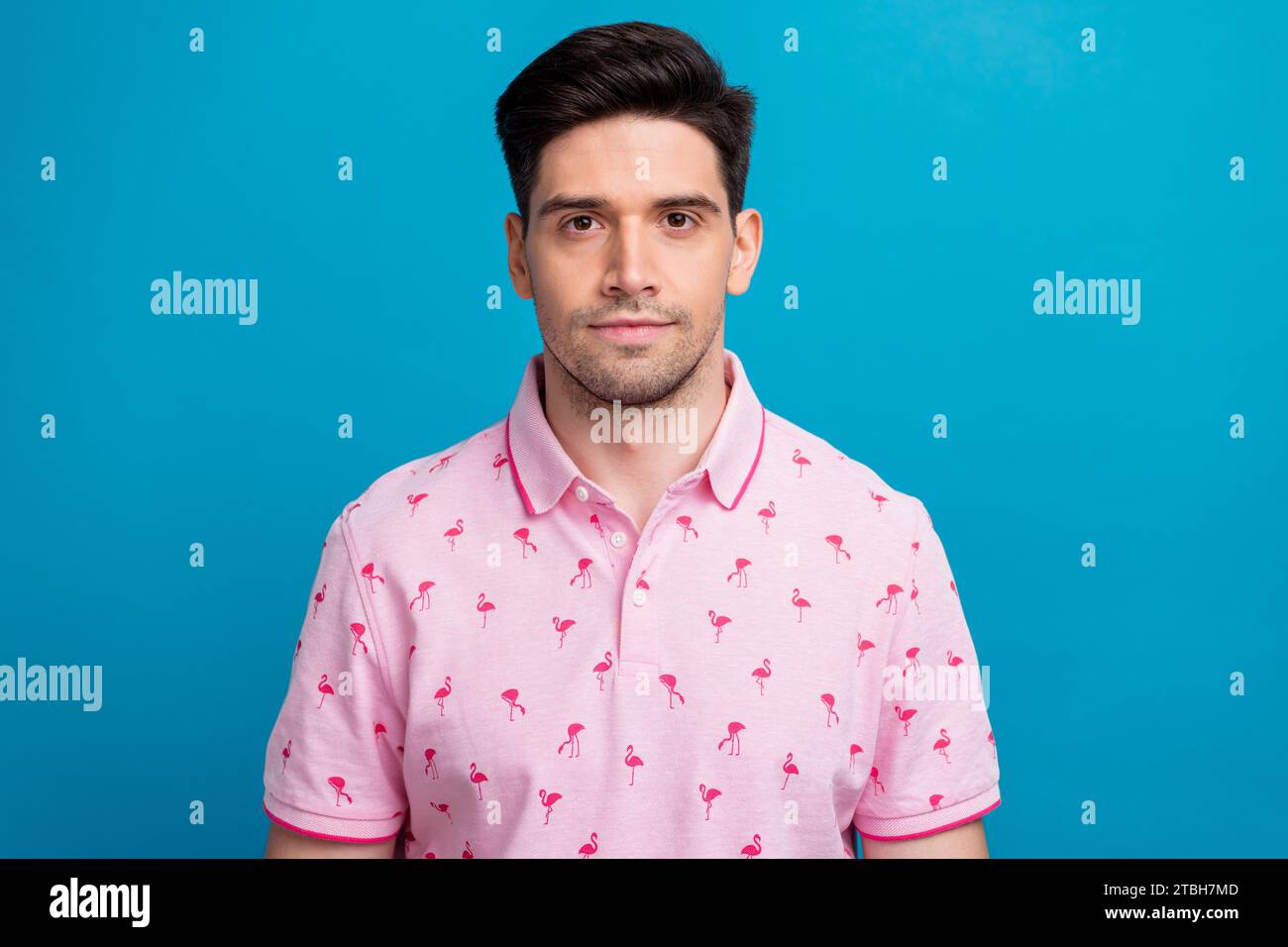 Photo of focused concentrate nice young person calm face wear polo ...