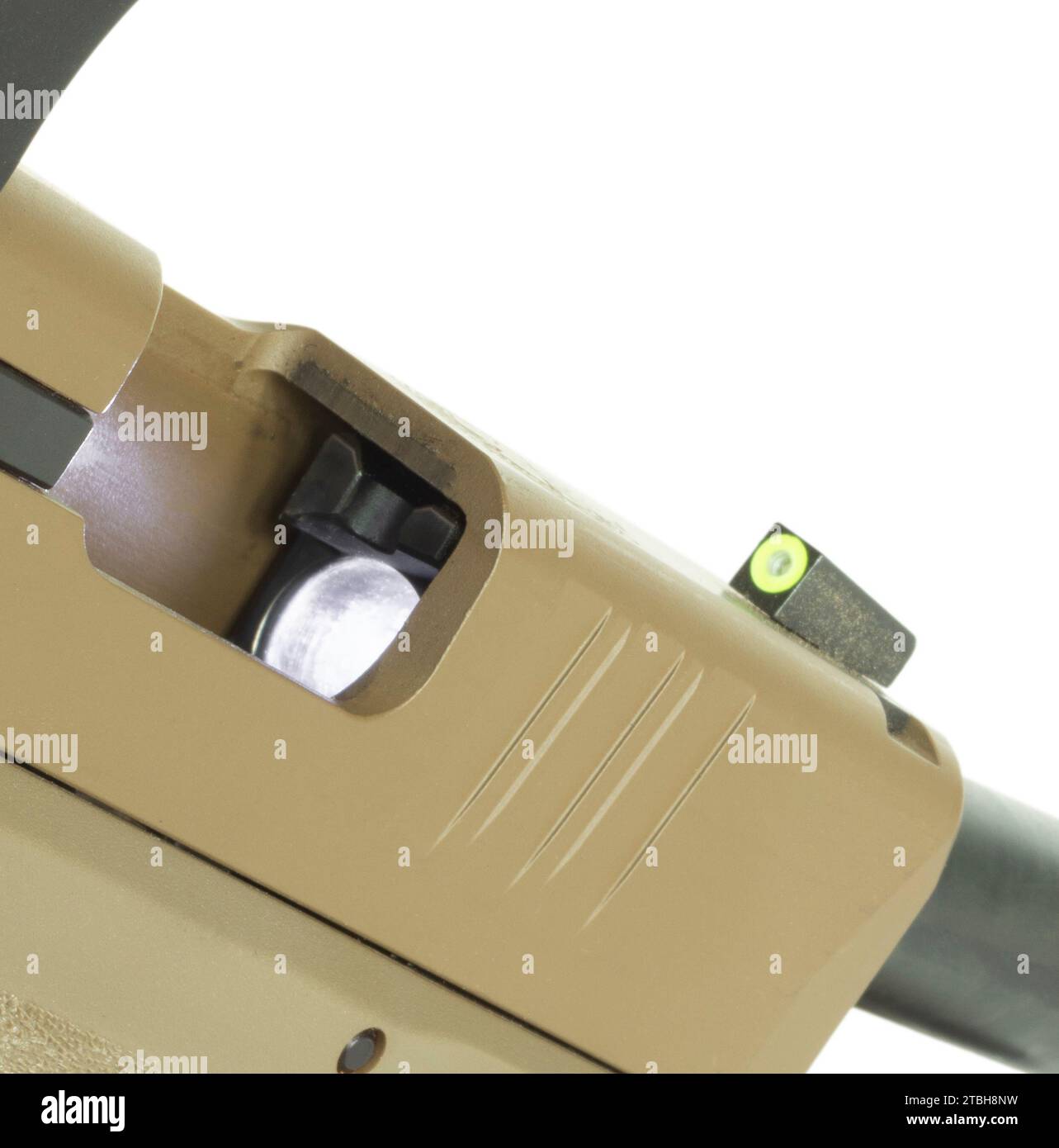 8 mm semi-automatic handgun with slide locked back to show it does not ...