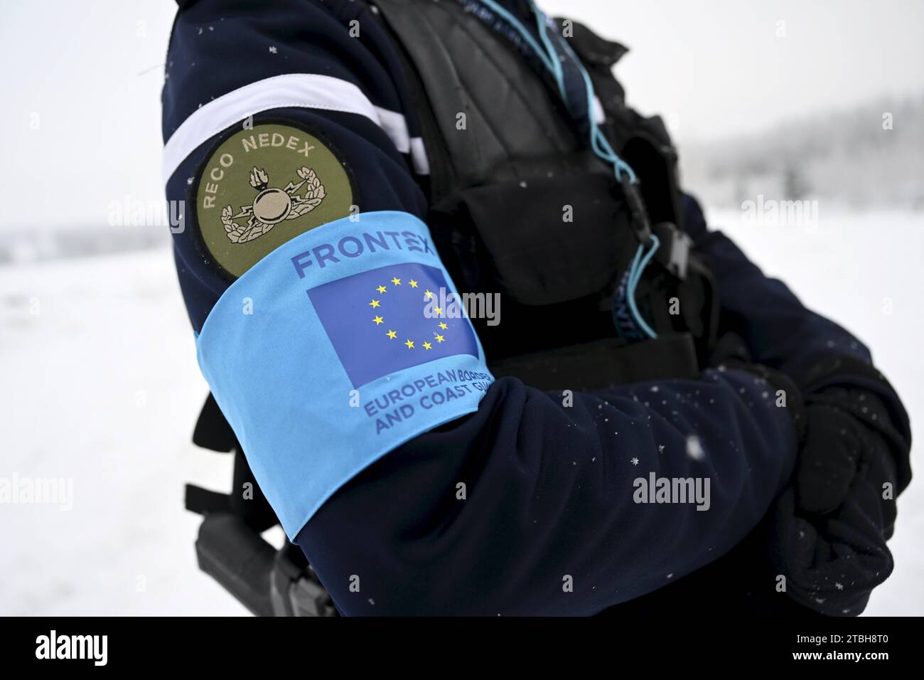 Virolahti, Finland. 07th Dec, 2023. Frontex and EU logos on an uniform ...